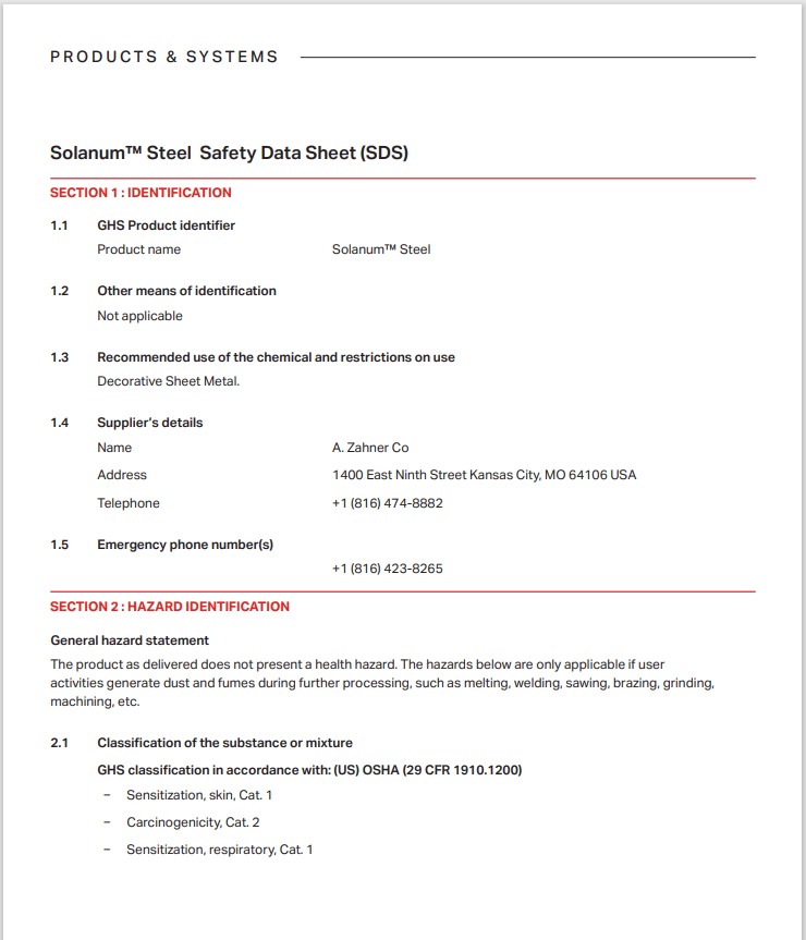 Solanum™ Steel Safety Data Sheet (SDS) | Zahner